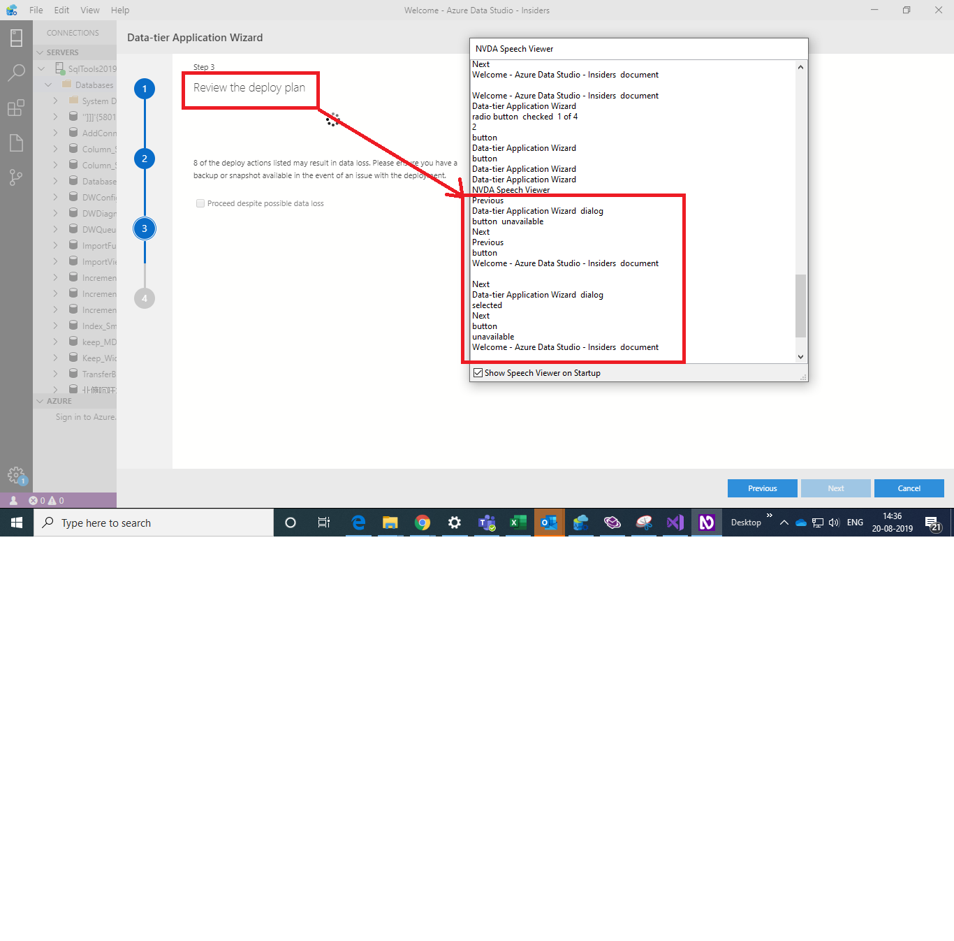 A11y_AzureDataStudio(Schema,Dacpac,Backup)_ Deploy Dacpac Settings_Screenreader: After opening ...