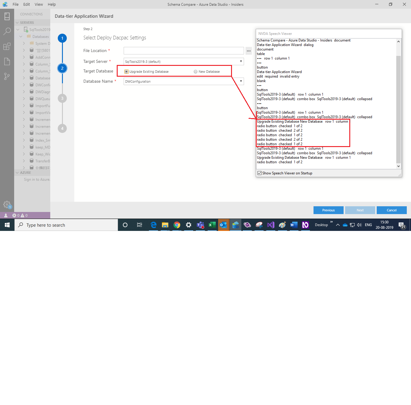 A11y_AzureDataStudio(Schema,Dacpac,Backup)_ Deploy Dacpac Settings_Screenreader: NVDA is not ...