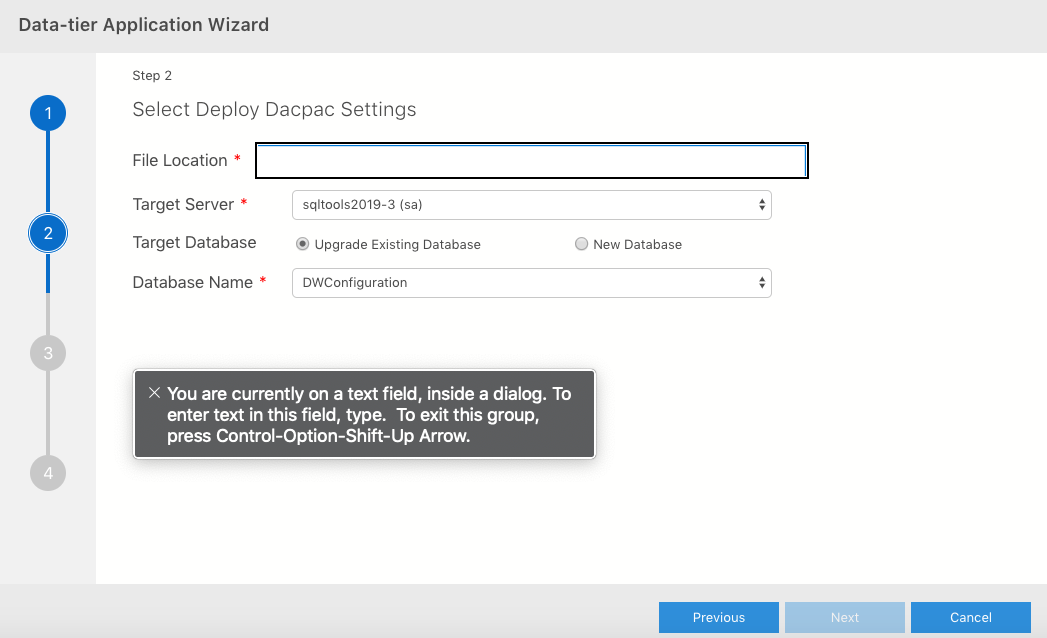 A11y_AzureDataStudio(Schema,Dacpac,Backup)_ Deploy Dacpac Settings_Screenreader: Voiceover is ...
