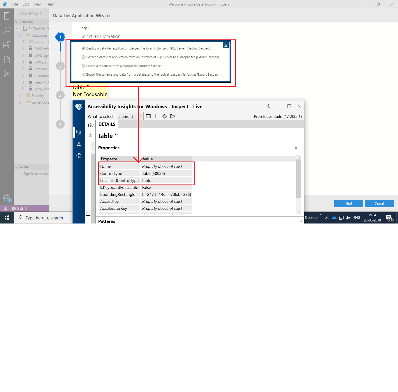 A11y_AzureDataStudio(Schema,Dacpac,Backup)_ Select an Operation _AI4D: Name is missing for the ...