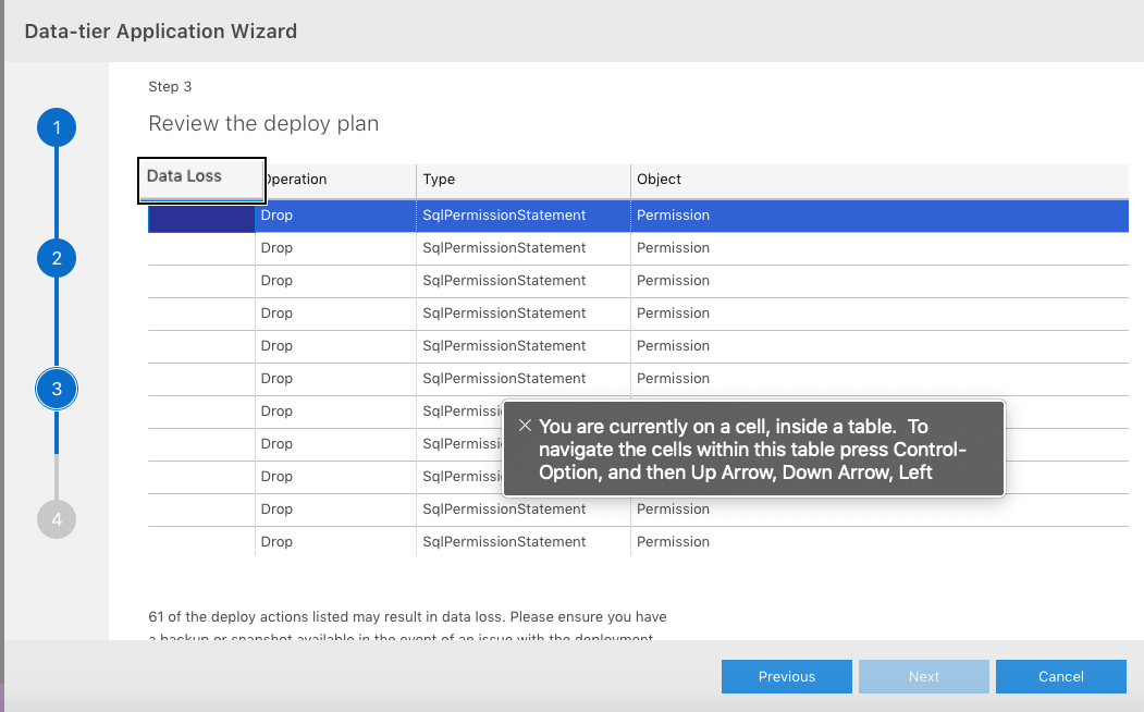 A11y_AzureDataStudio(Schema,Dacpac,Backup)_ ReviewDeployPlan_Screenreader: Voiceover is not ...