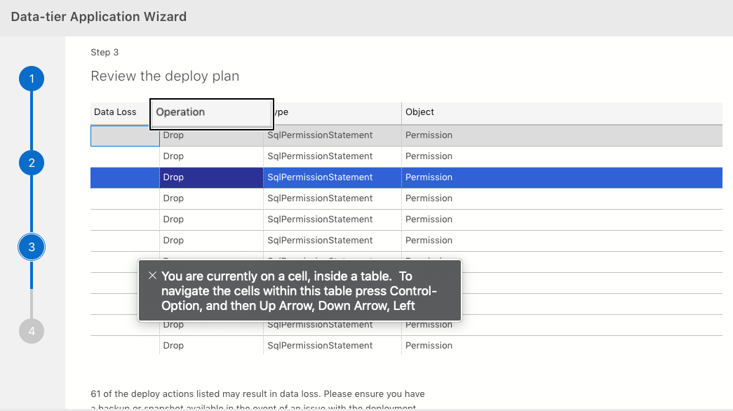 A11y_AzureDataStudio(Schema,Dacpac,Backup)_ ReviewDeployPlan_Screenreader: Voiceover is not ...