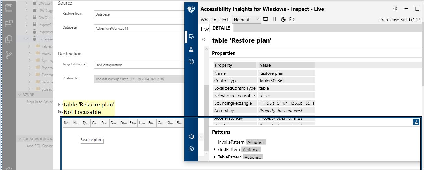 A11y_AzureDataStudio(Schema,Dacpac,Backup)_Restore Database Dialog_Restore Plan_AI4D: The table ...