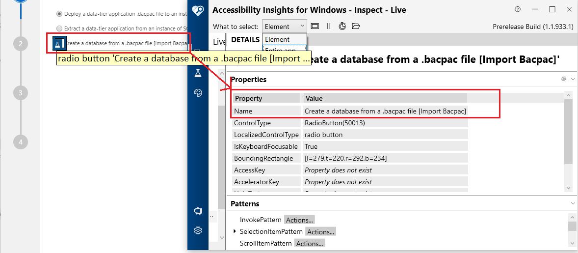 A11y_AzureDataStudio(Schema,Dacpac,Backup)_ Select an Operation _AI4D: Name is missing for all ...