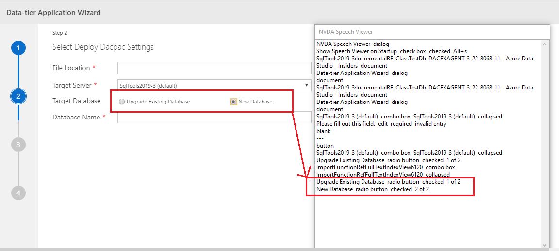 A11y_AzureDataStudio(Schema,Dacpac,Backup)_ Deploy Dacpac Settings_Screenreader: NVDA is not ...