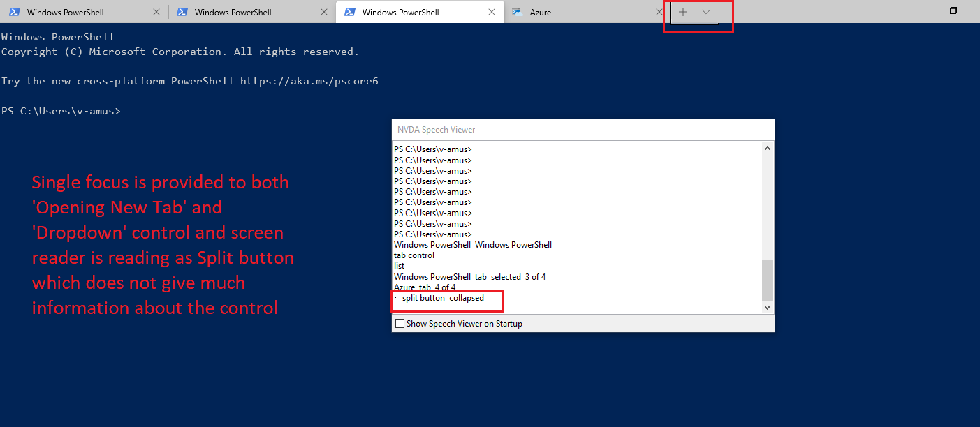 A11y_Windows Terminal_PowerShell_Screen reader: Single focus is ...