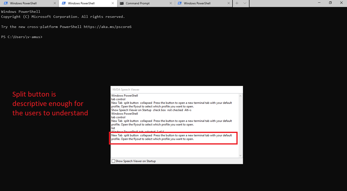 A11y_Windows Terminal_PowerShell_Screen reader: Single focus is provided to both 'Opening New ...