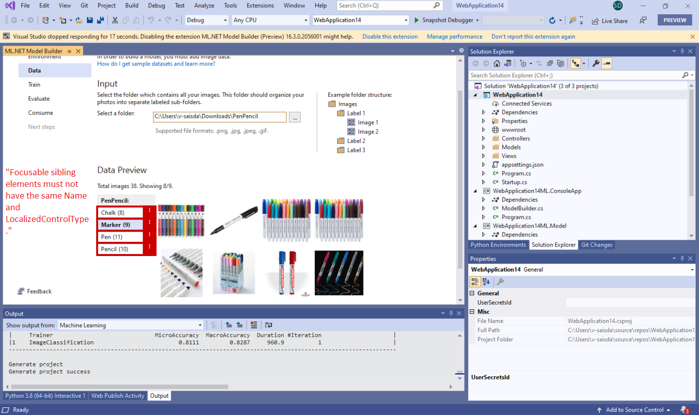 WCAG 4.1.2: (devenv/tab item 'Microsoft.ML.ModelBuilder.ImageFolderModel') Focusable sibling ...