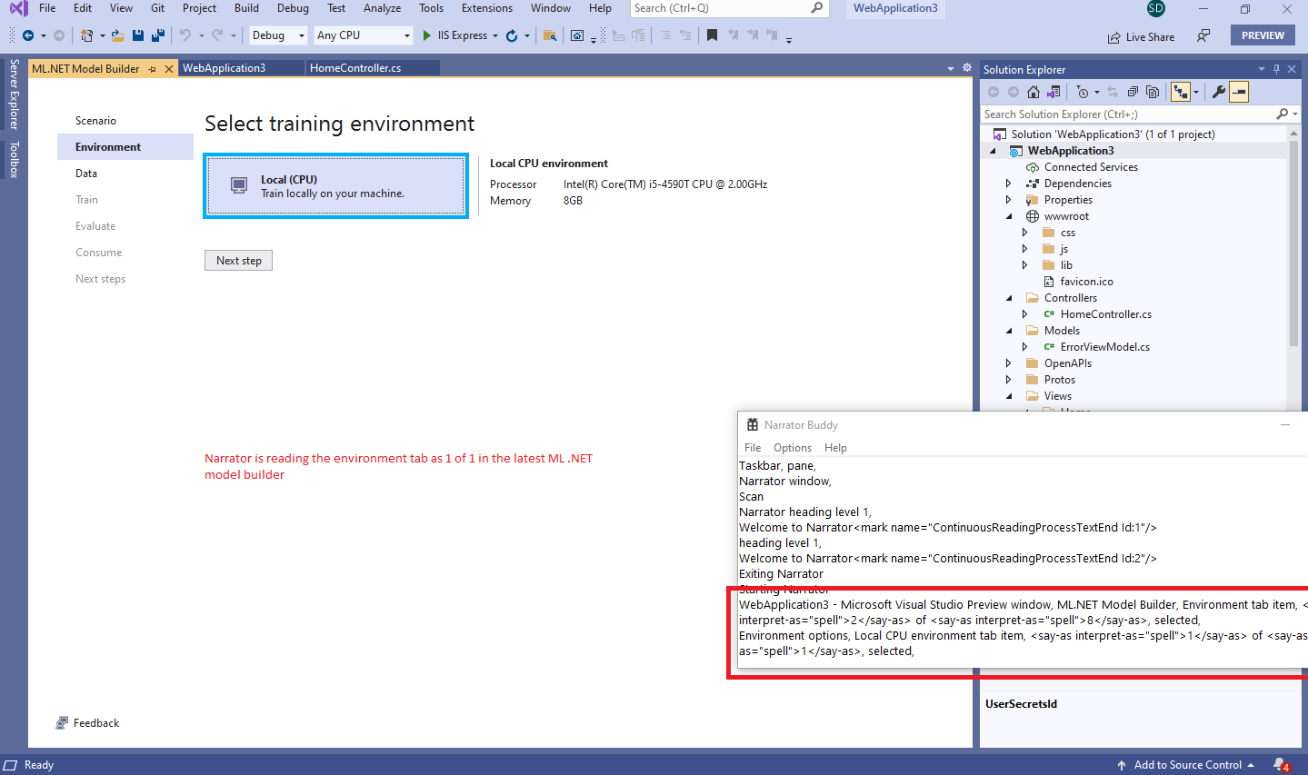 A11y_ML .NET Model Builder_ Environment_ Screen Reader: Narrator/NVDA are readings "Environment ...