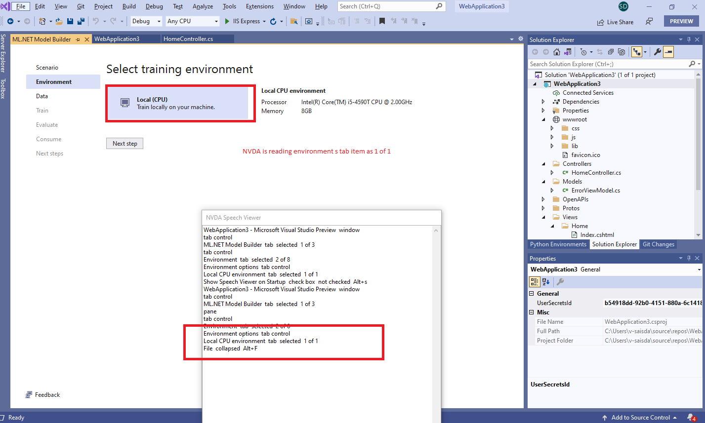 A11y_ML .NET Model Builder_ Environment_ Screen Reader: Narrator/NVDA are readings "Environment ...
