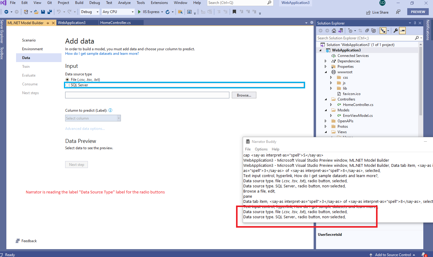 A11y_ML .NET Model Builder_ Data_ Screen Reader: Narrator/NVDA are not reading the label "Data ...