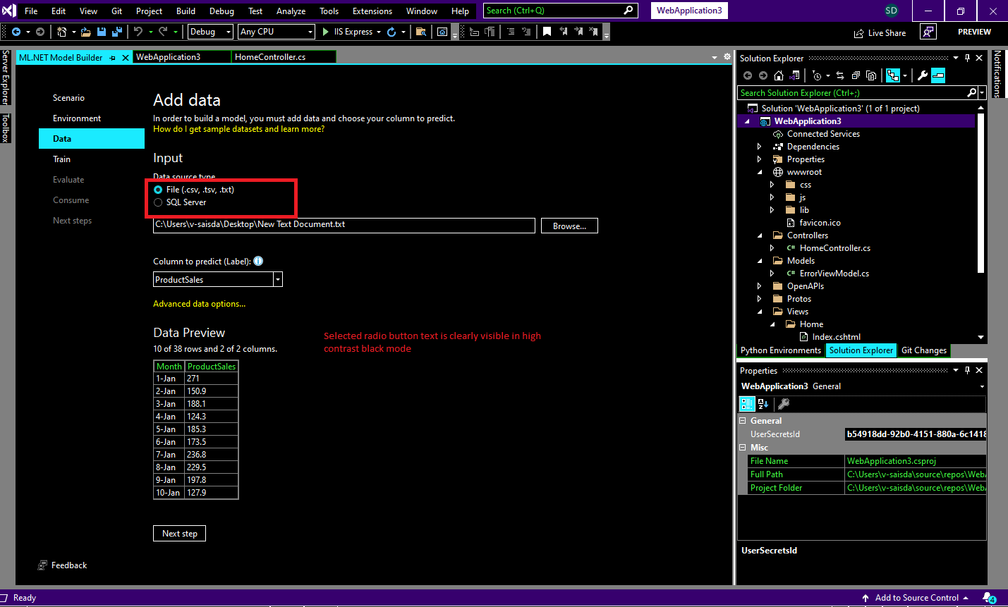 A11y_ML .NET Model Builder_ Data_ High Contrast: Selected Radio button text is not visible in ...