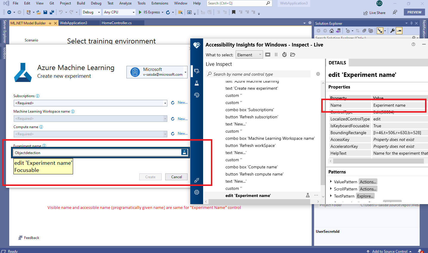 A11y_ML .NET Model Builder_ Create New Experiment_ Label in Name: Visible label and accessible ...