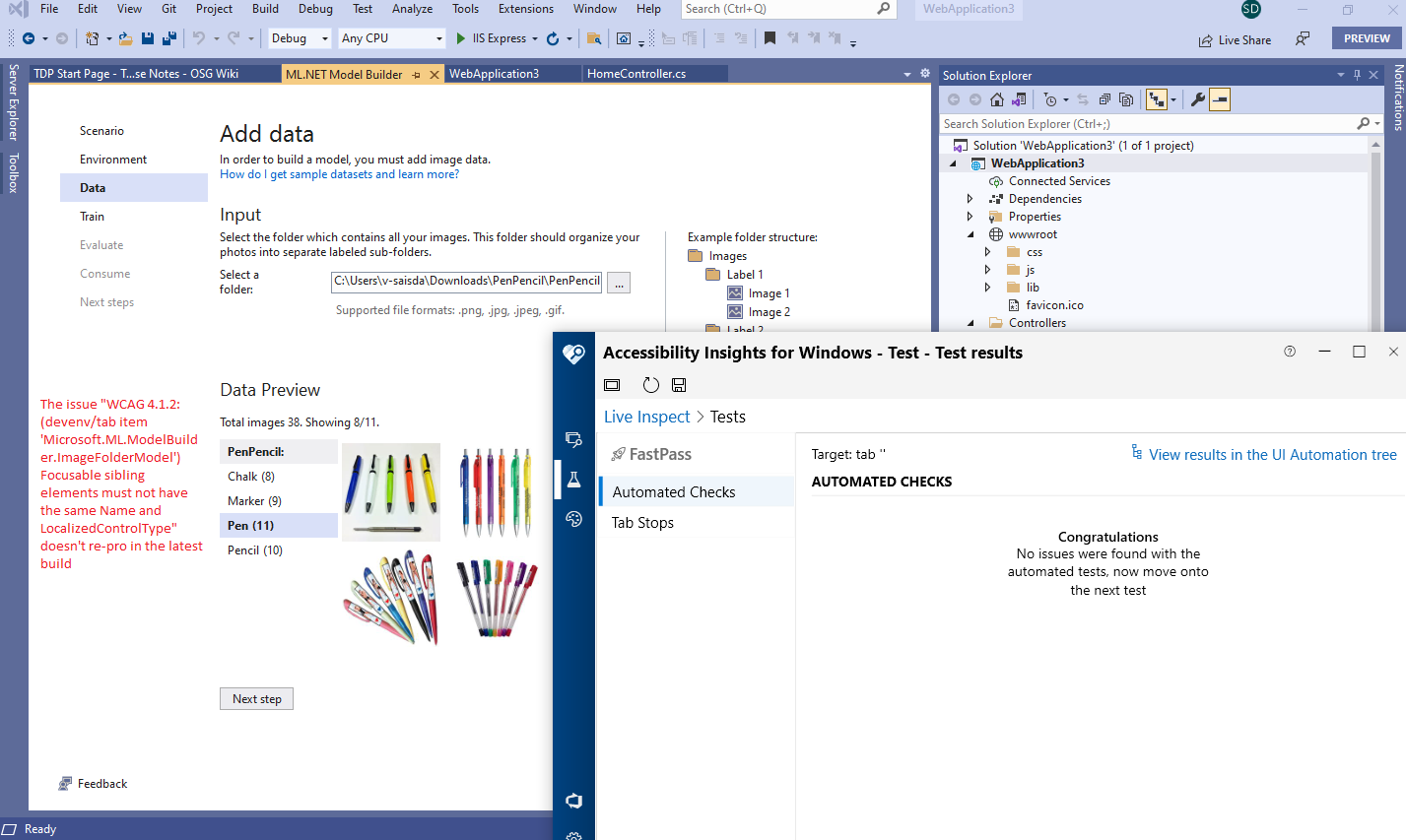 WCAG 4.1.2: (devenv/tab item 'Microsoft.ML.ModelBuilder.ImageFolderModel') Focusable sibling ...