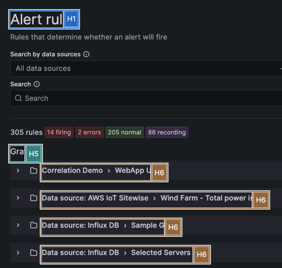 ID 261597: [Screen reader - Simon – Alert rules]: Heading hierarchy is not sequential in "Alert ...