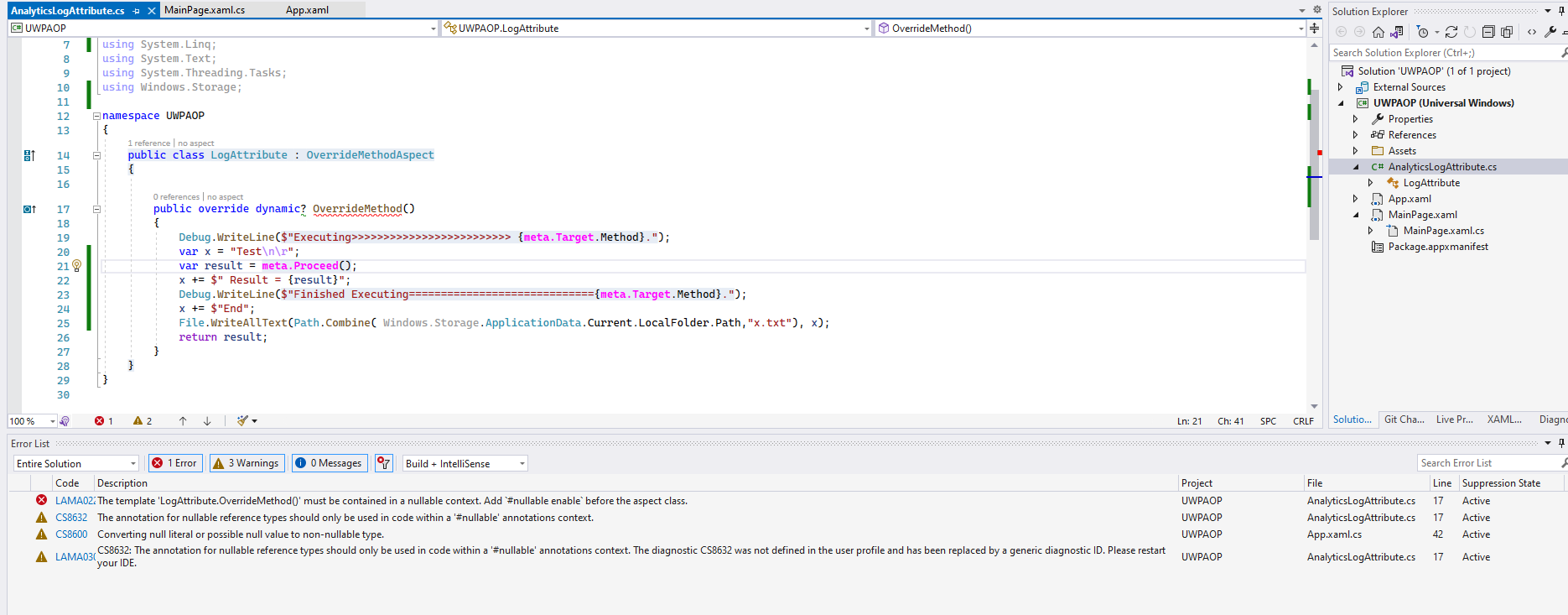 Metalama Tools for Visual Studio throws exception: method not found ...