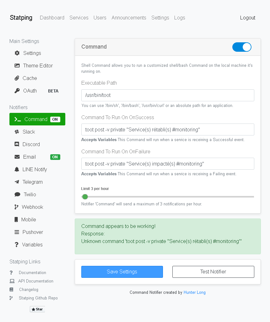 Notifiers - command - don't work after upgrade V0.80.65 to V0.90.44 · Issue #611 · statping ...
