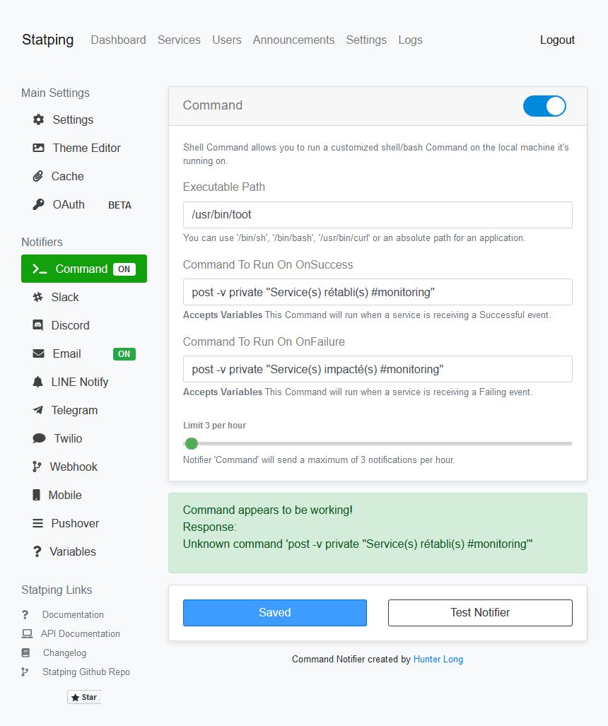 Notifiers - command - don't work after upgrade V0.80.65 to V0.90.44 · Issue #611 · statping ...