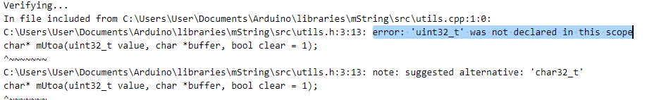 error: 'uint32_t' was not declared in this scope · Issue #4 · GyverLibs/mString · GitHub