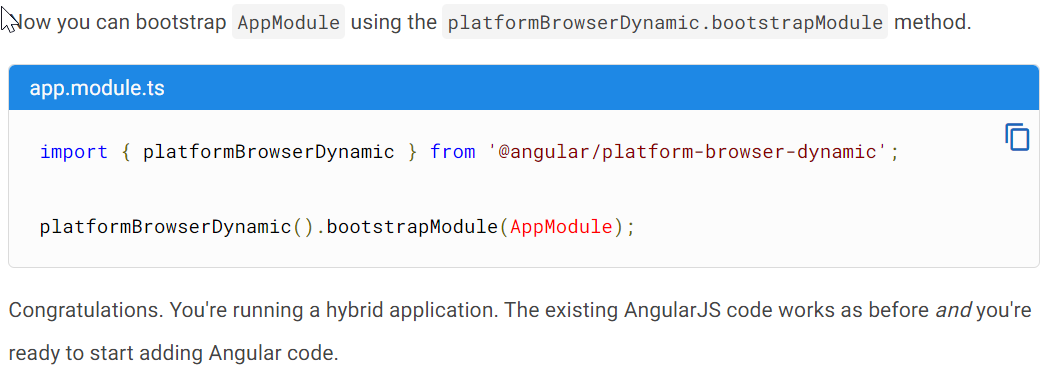 Bootstrapping Hybrid Applications doc shows two different app.module.ts files with no ...