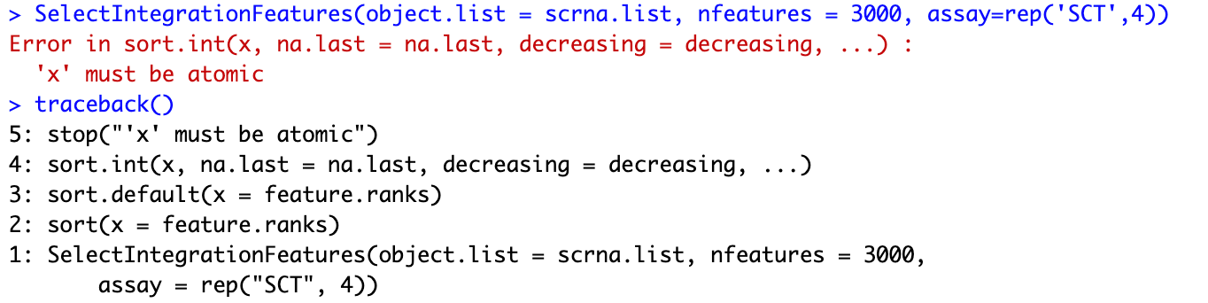 FindIntegrationAnchors - Error in sort.int(x, na.last = na.last, decreasing = decreasing ...