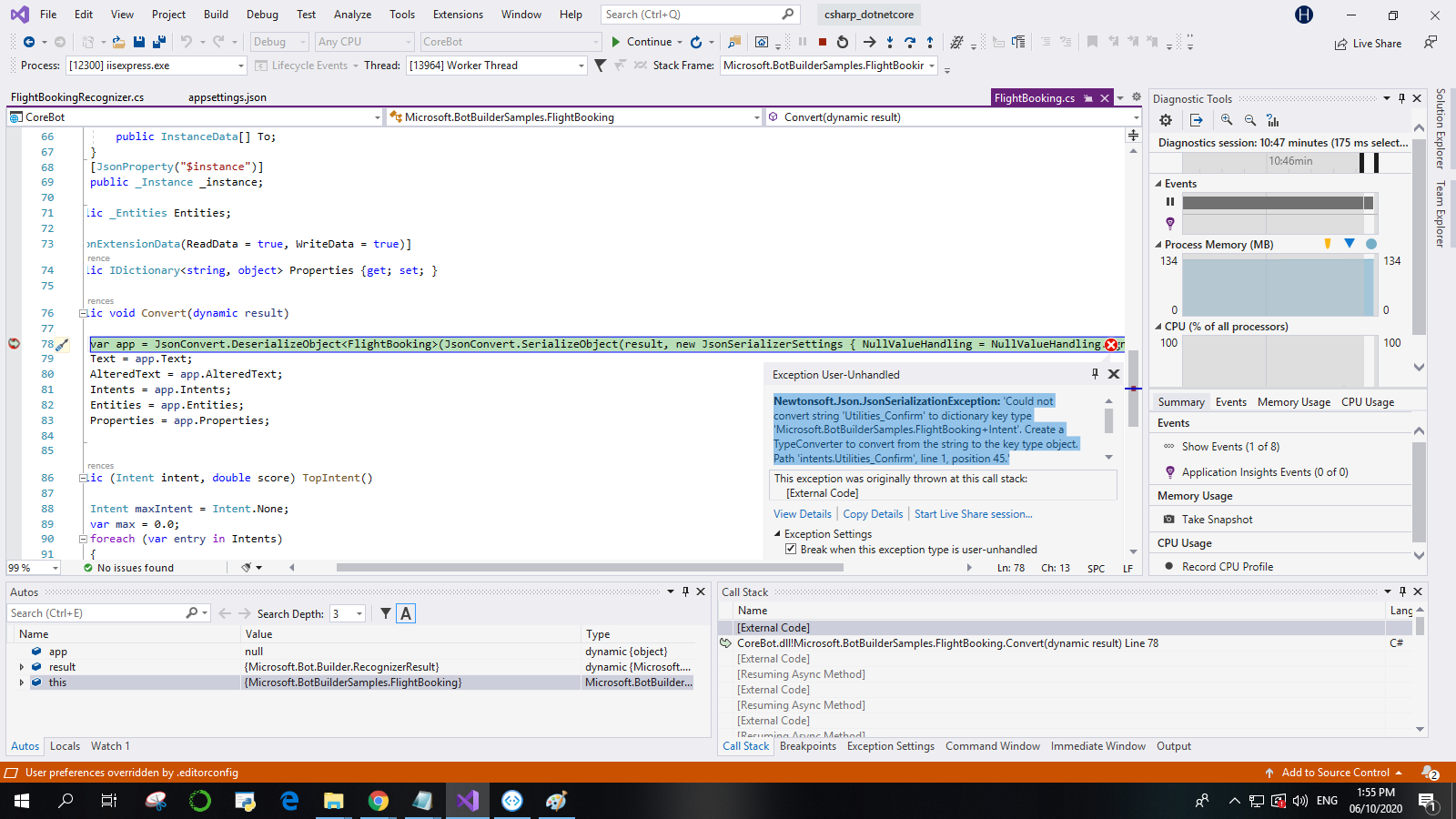 Could not convert string 'Calendar_Cancel' to dictionary key type 'Microsoft.BotBuilderSamples ...