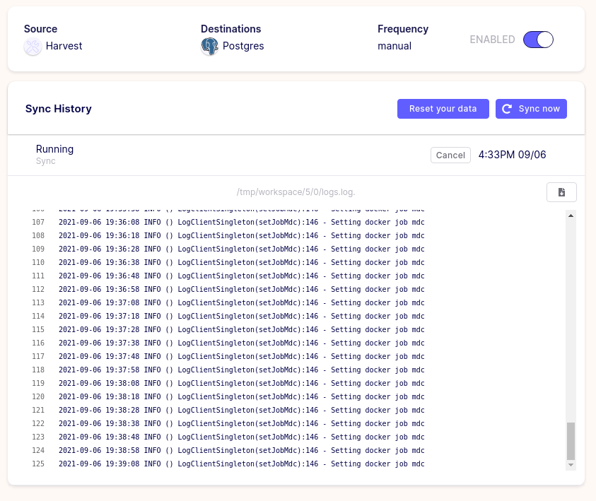 Job Sync logs keep printing `Setting docker job mdc` · Issue #5868 · airbytehq/airbyte · GitHub