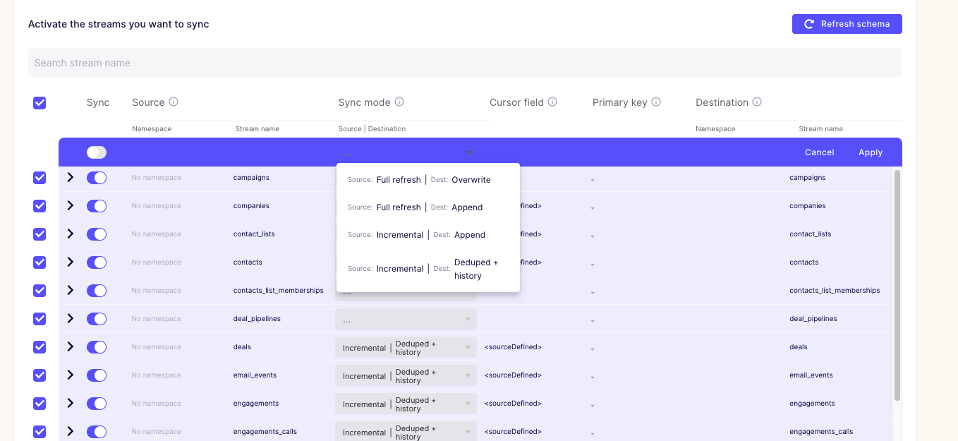 Set "Sync Mode" for all streams when setting up a connection · Issue #8128 · airbytehq/airbyte ...