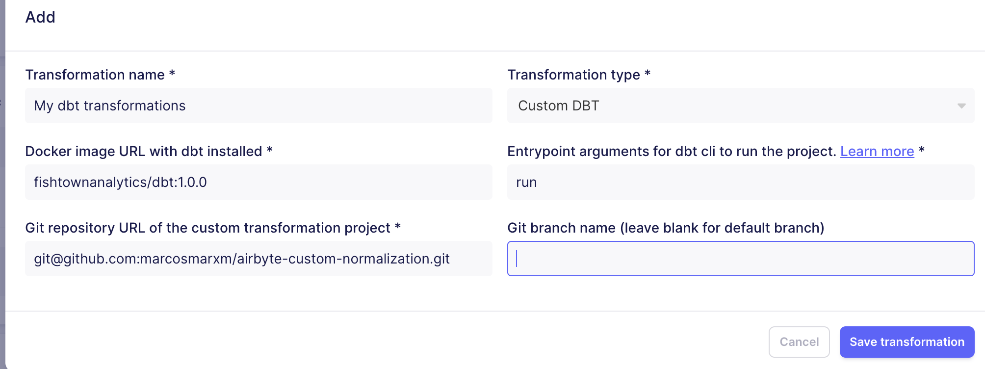 Git repository URL of the custom transformation project fields requires ...