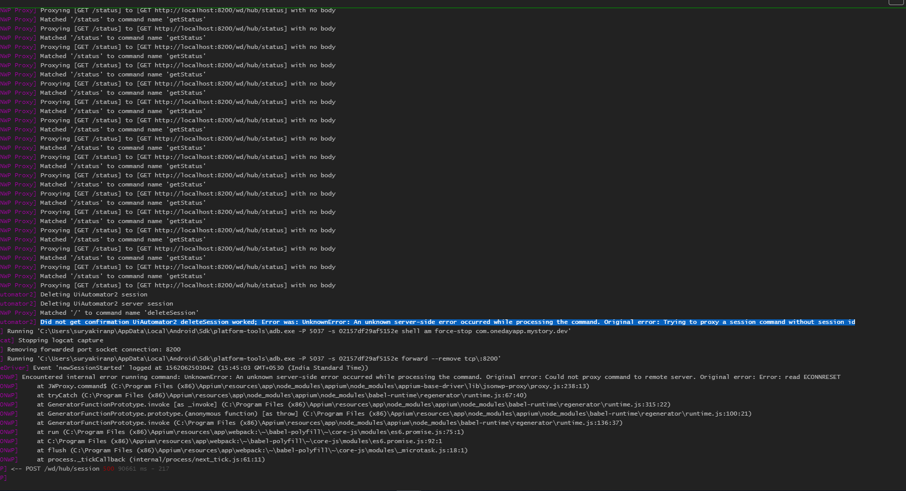 Did Not Get Confirmation Uiautomator2 Deletesession Worked Error Was Unknownerror An Unknown