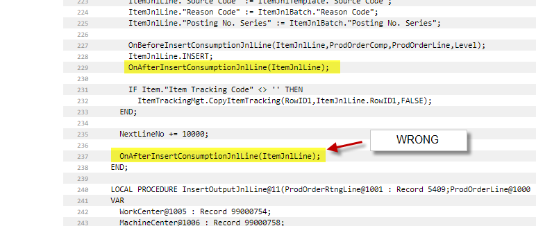 BC: duplicated event "OnAfterInsertConsumptionJnlLine" into codeunit 5510 "Production Journal ...