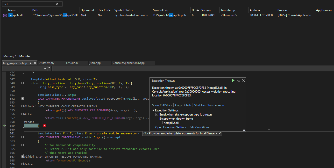 Unhandled exception at (netapi32.dll) · Issue #52 · JustasMasiulis/lazy_importer · GitHub