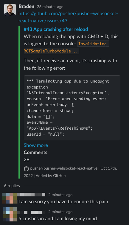 App Crashing After Reload · Issue 43 · Pusher Pusher Websocket React Native · Github