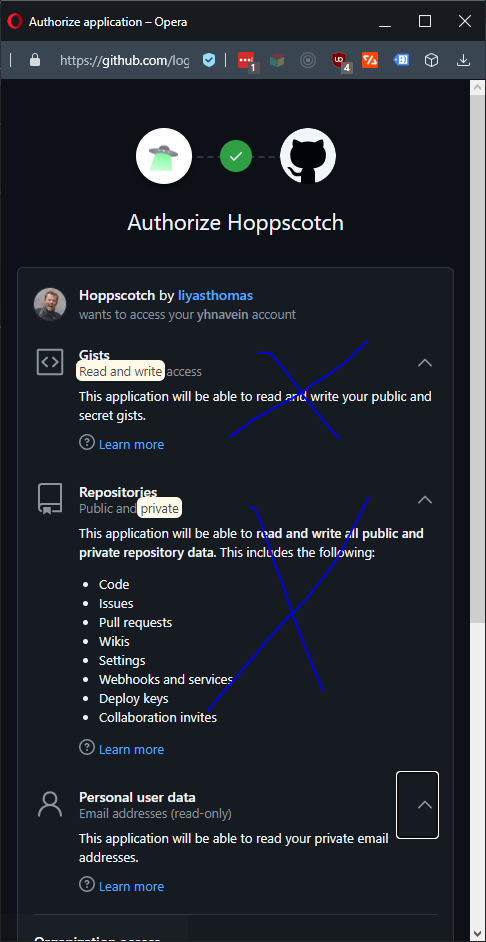 Too much permissions for GitHub Auth · Issue #1377 · hoppscotch/hoppscotch · GitHub