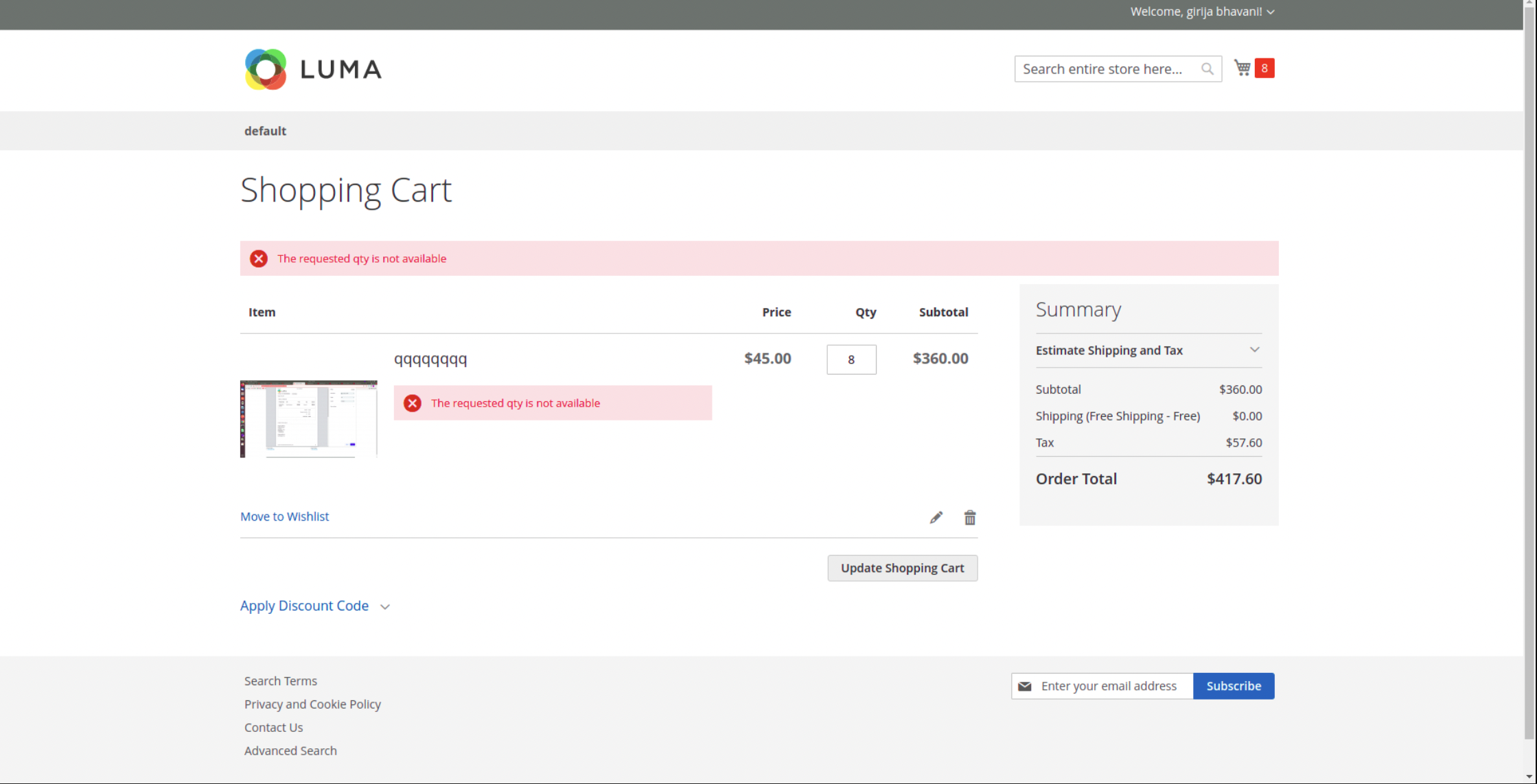 Two error messages: "The requested qty is not available" are displayed on reloading Shopping ...