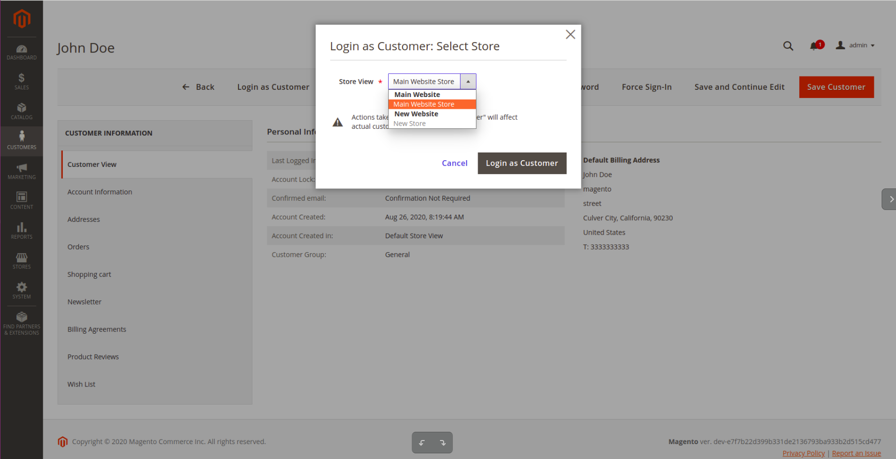Stores are not shown in "Login as Customer: Select Store" modal window on order view page ...