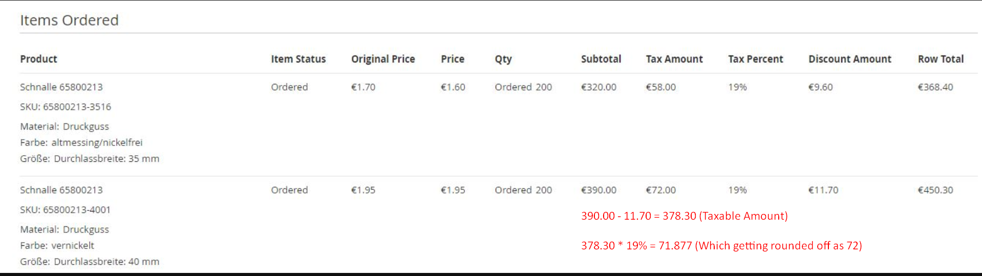 Tax calculation rounded and wrong with All set to exclusive Tax + tax per product + several ...