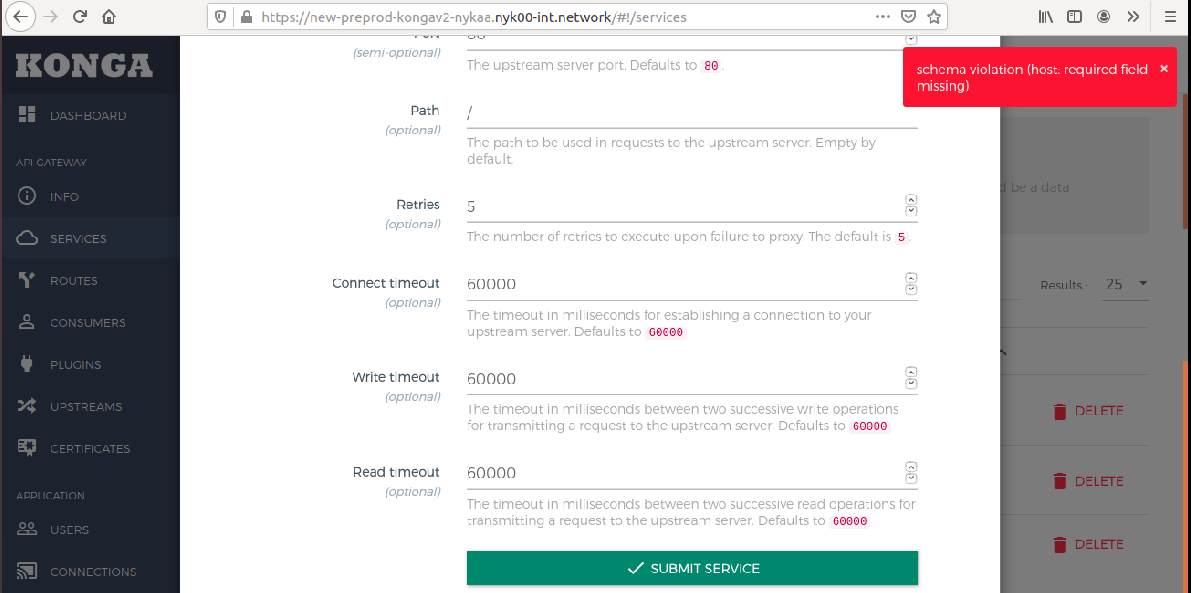 konga seems not to be working with kong v2.2.1. Giving schema voilation error while creating ...