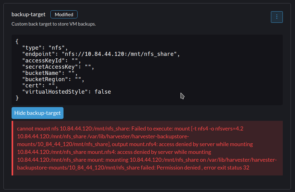 [BUG] backup-target NFS unable to mount with error exit status 32 ...