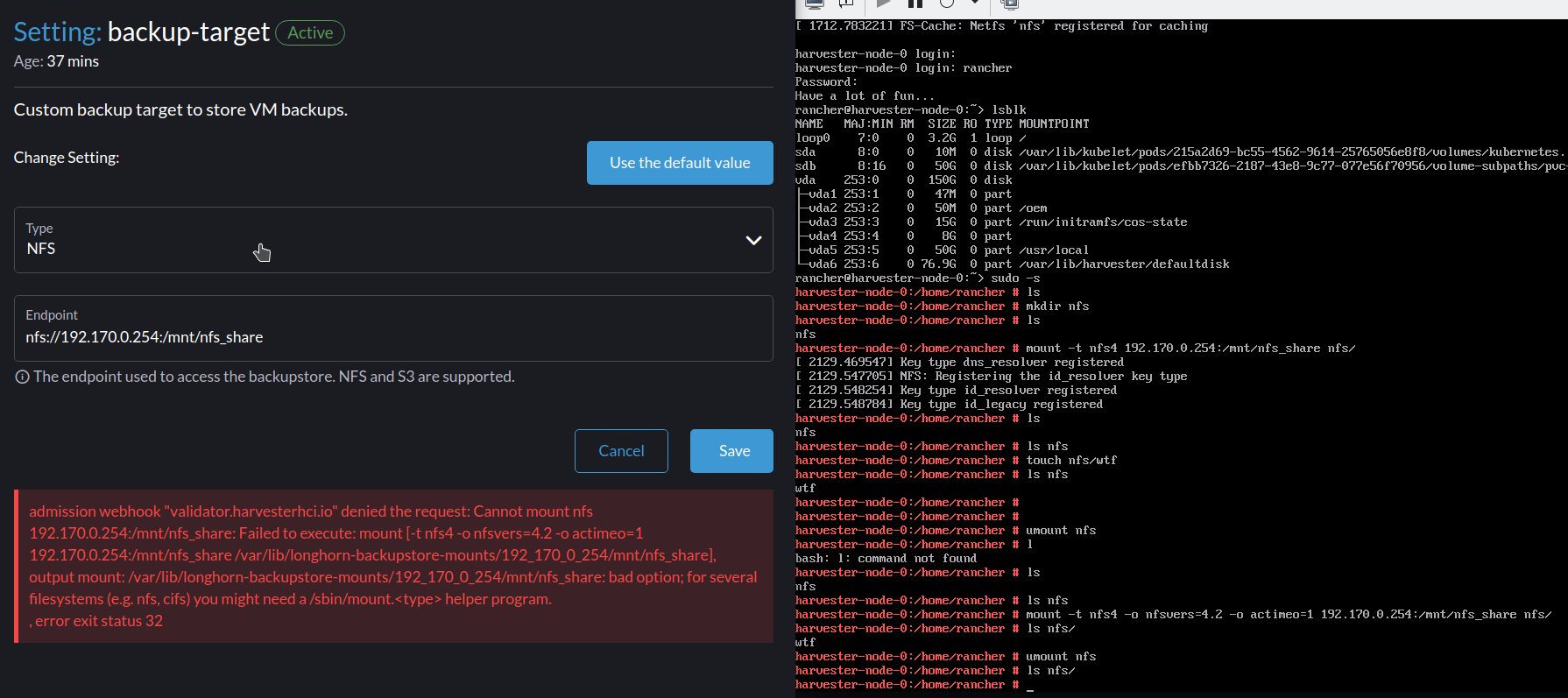 [BUG] unable to setup NFS backup-target · Issue #1952 · harvester ...