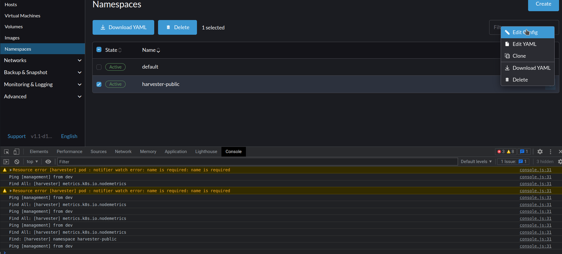 [BUG] Cannot edit namespace on single cluster · Issue #3435 · harvester/harvester · GitHub