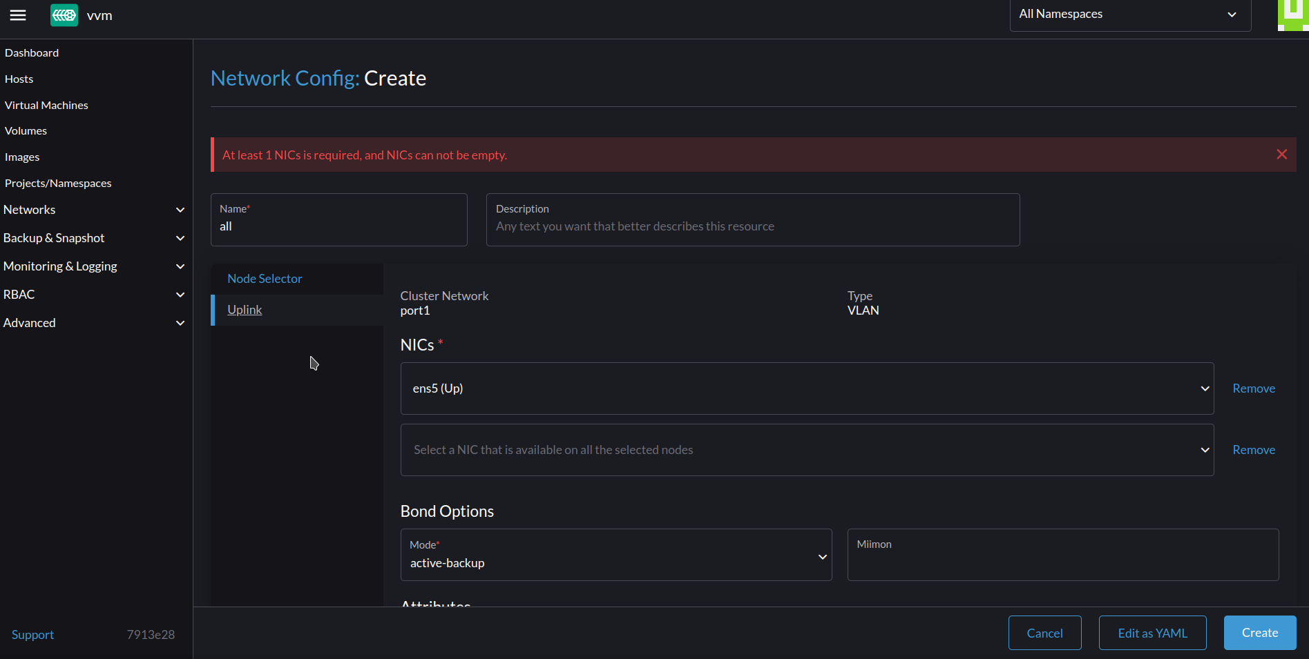[BUG] When in Rancher Harvester dashboard and adding a network config with an empty NIC you get ...