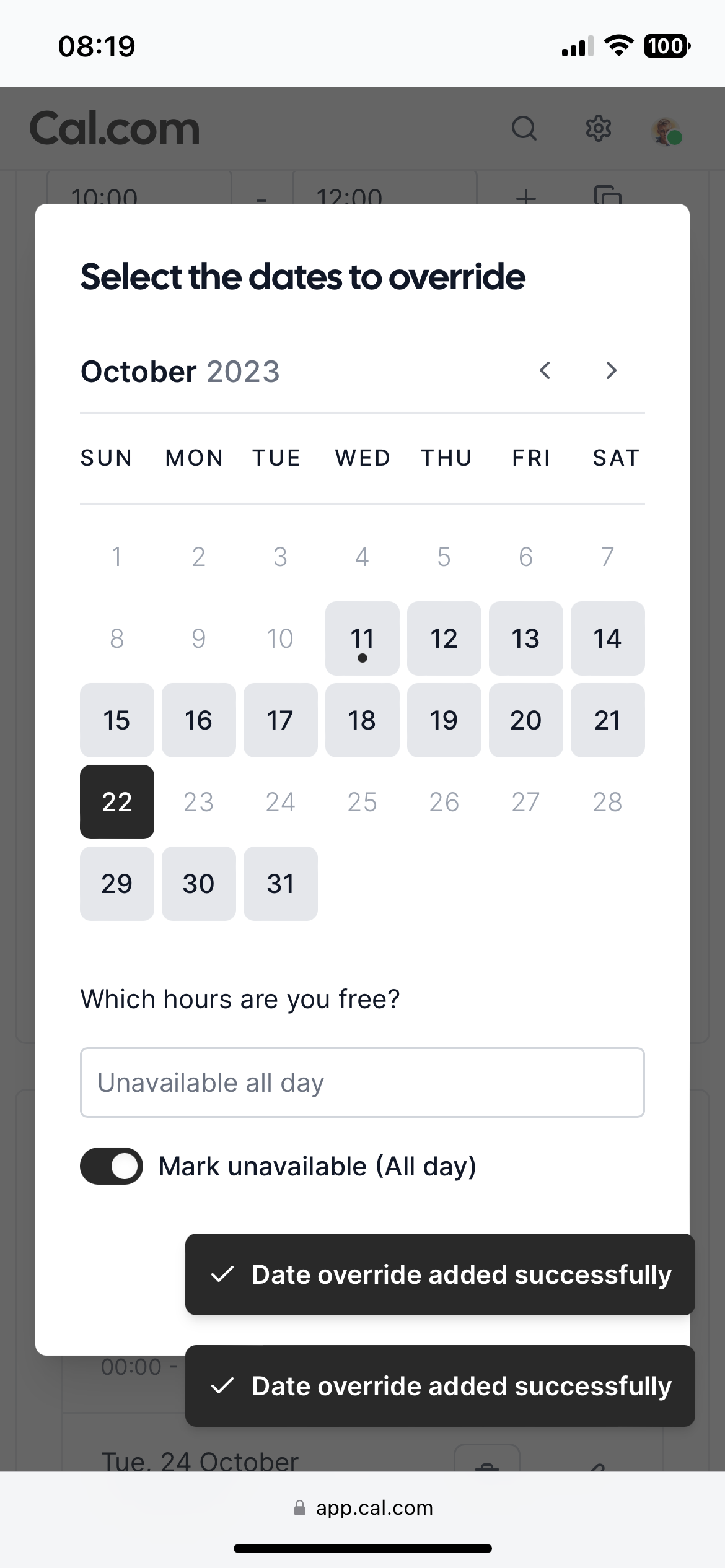 Override button hidden by toast on mobile · Issue #11814 · calcom/cal.com · GitHub