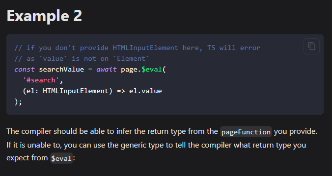 [Bug]: No proper types for `$eval` and `$$eval` · Issue #9280 · puppeteer/puppeteer · GitHub