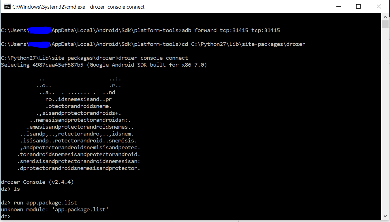 Drozer windows error when running modules/packages "package not found ...