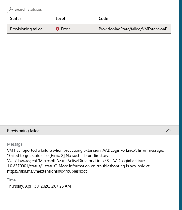 Provisioningstate Failed Vmextensionprovisioningerror Aadloginforlinux · Issue 1876 · Azure