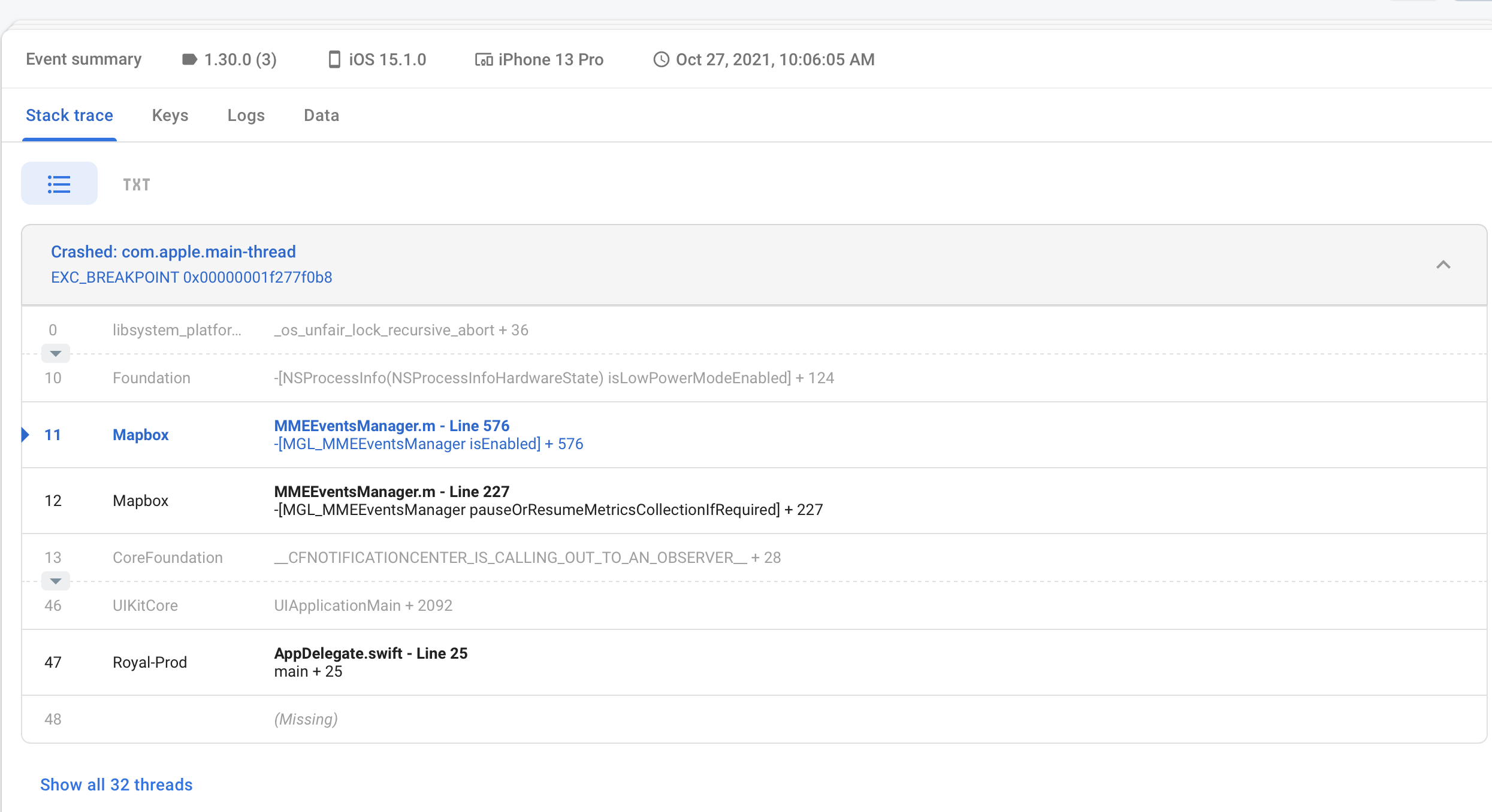 [MGL_MMEEventsManager isEnabled] Crash on iOS 15 · Issue #721 · mapbox/mapbox-maps-ios · GitHub