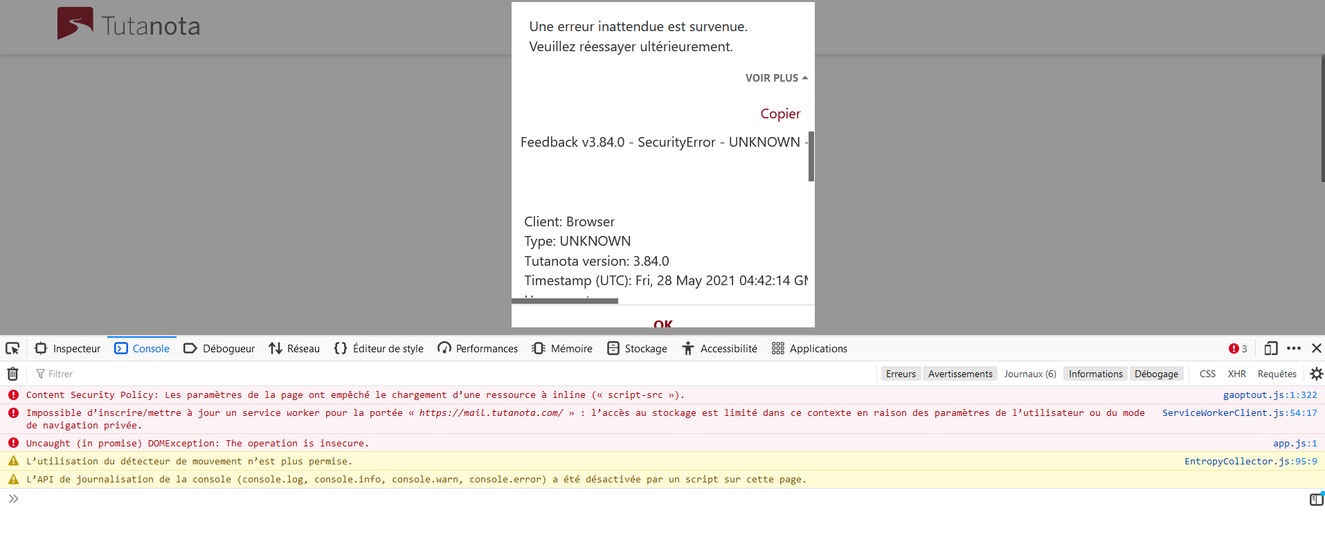 Feedback v3.84.0 - SecurityError - UNKNOWN - Browser · Issue #3130 · tutao/tutanota · GitHub