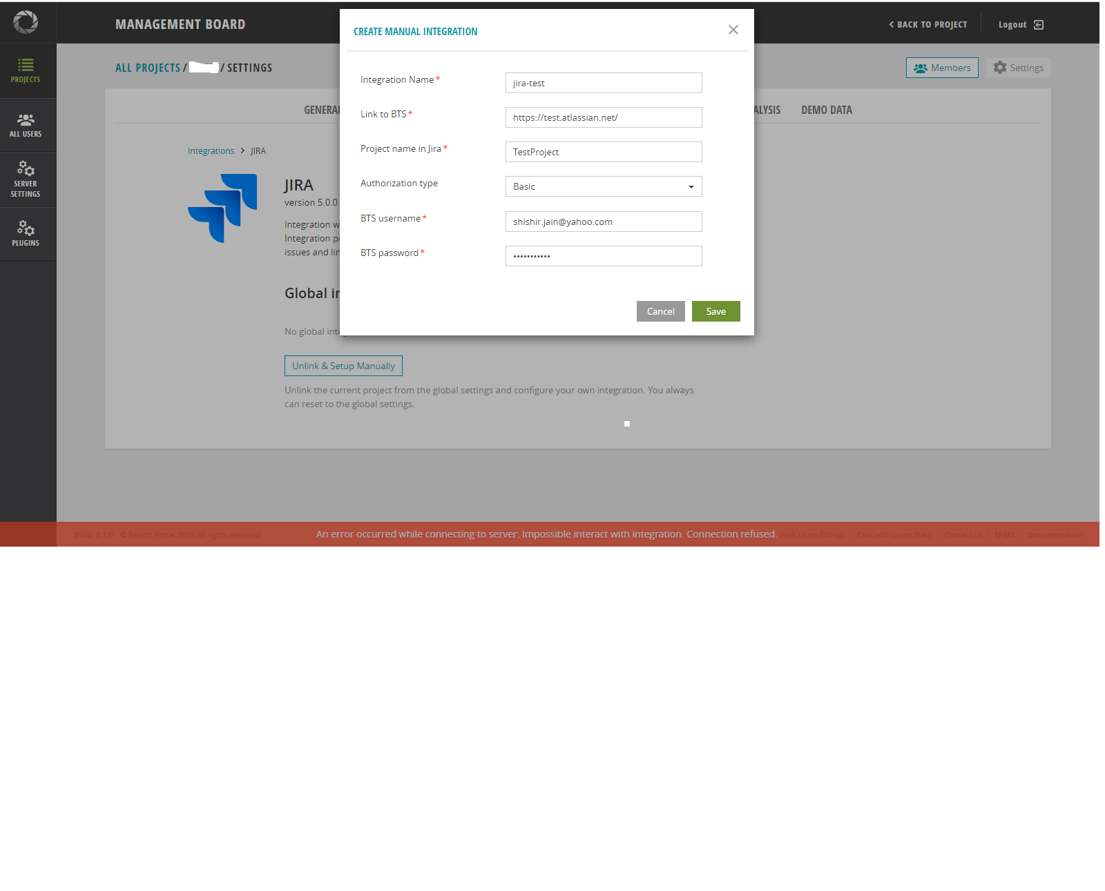 [v5] JIRA Cloud Integration Fails - Impossible interact with Integration. Connection Refused ...