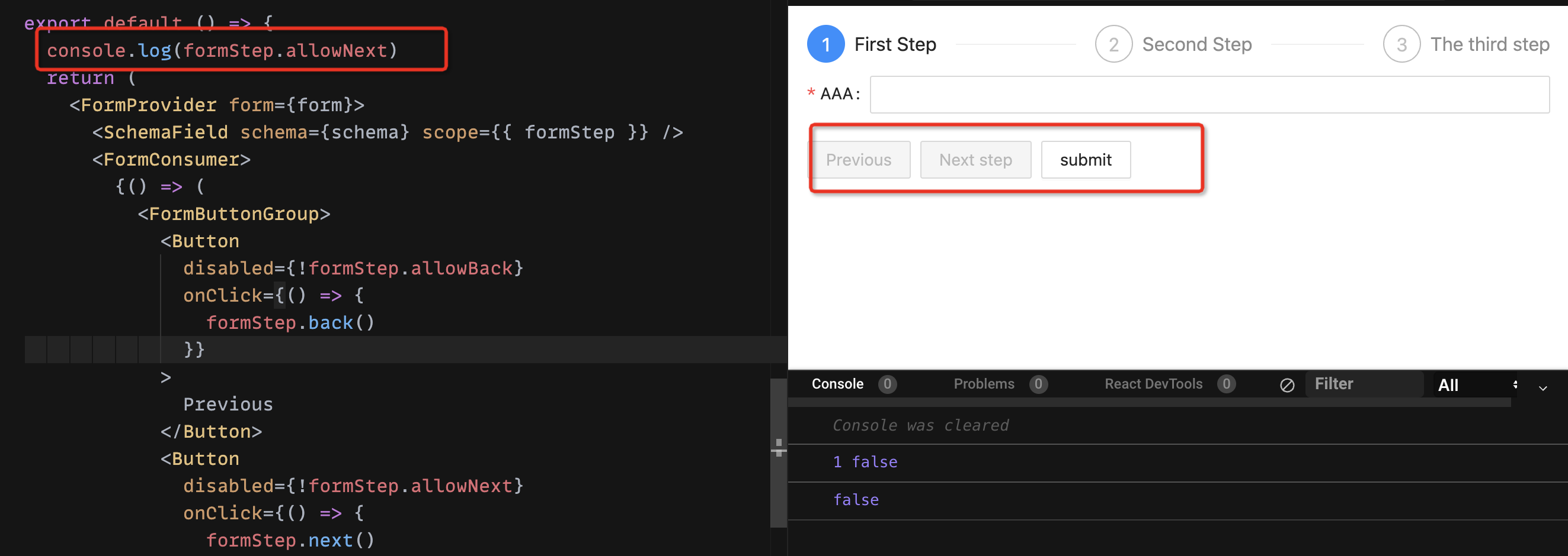 [Bug Report] formStep如果在Form外获取allowNext属性就显示异常 · Issue #2971 · alibaba/formily · GitHub